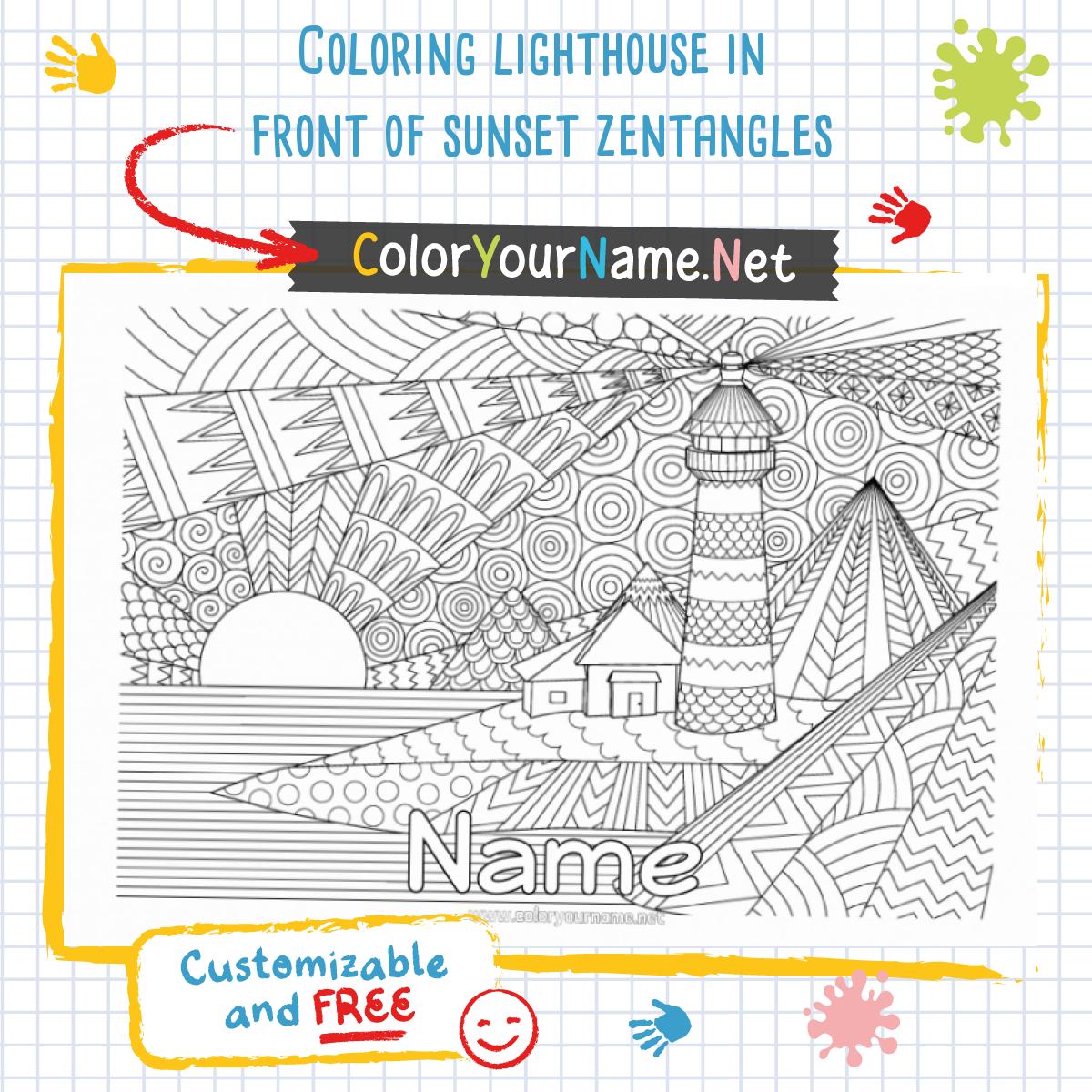 Coloring lighthouse in front of sunset zentangles