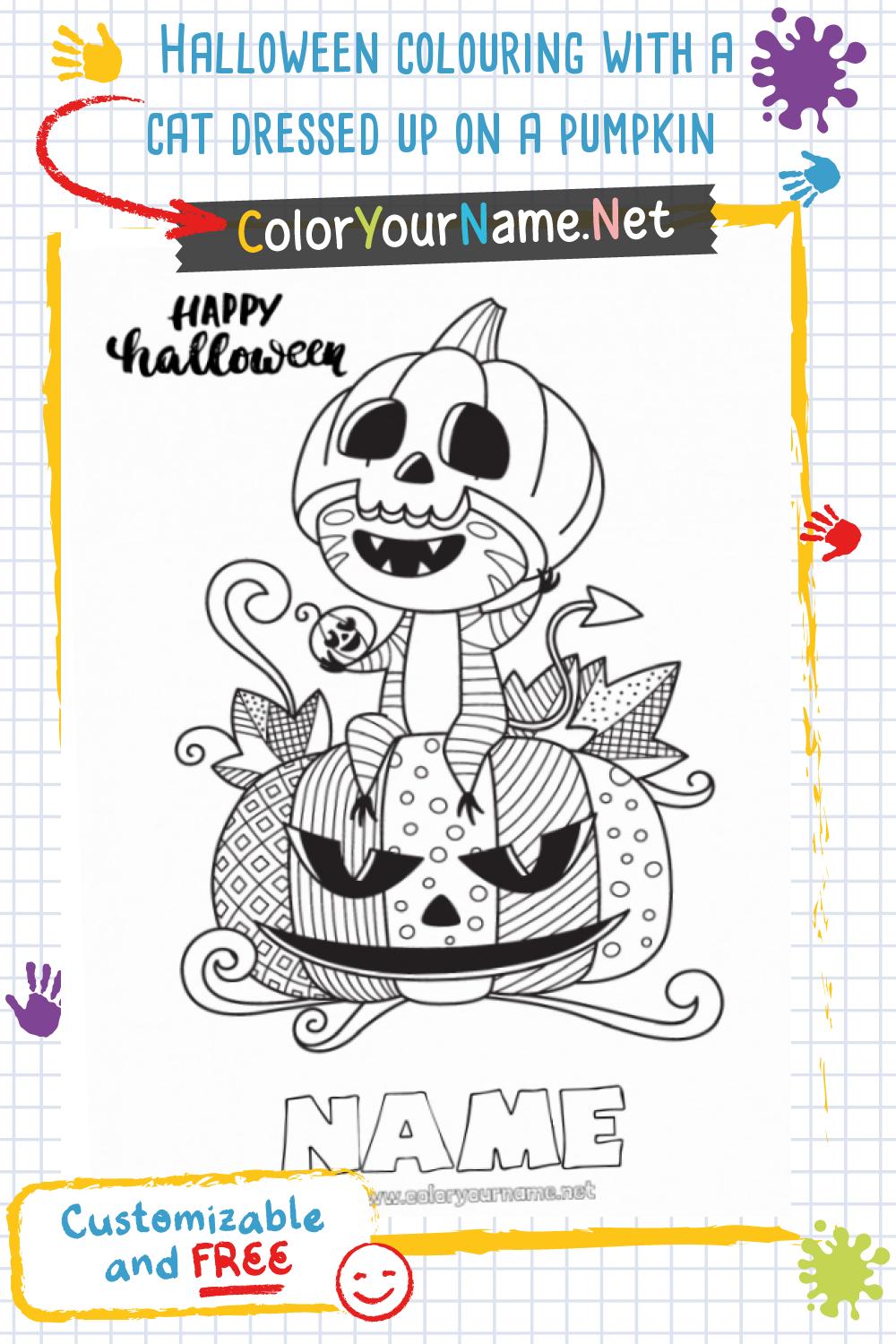 Halloween colouring with a cat dressed up on a pumpkin