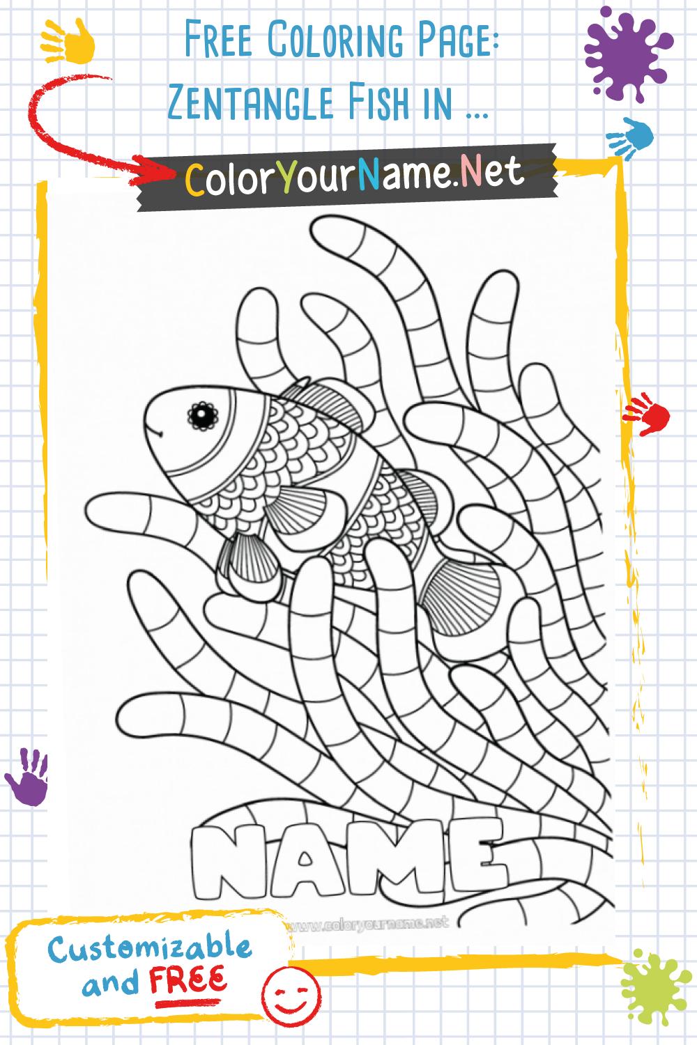 Free Coloring Page: Zentangle Fish in the Seaweed
