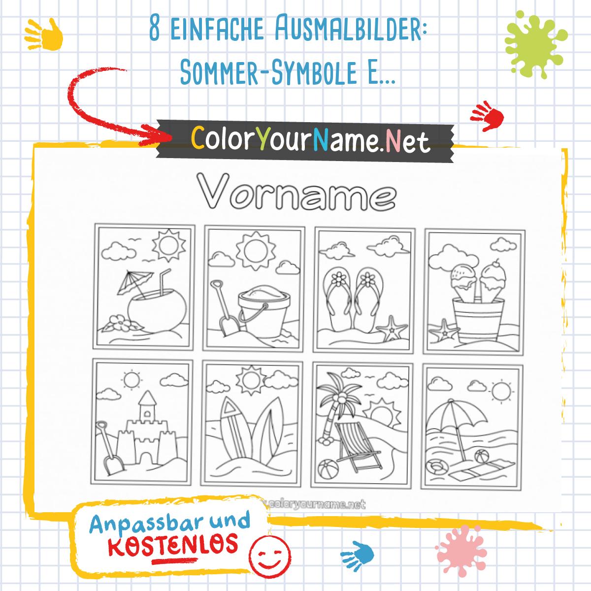 8 einfache Ausmalbilder: Sommer-Symbole Eis, Liegestuhl, Strand, Flip-Flops