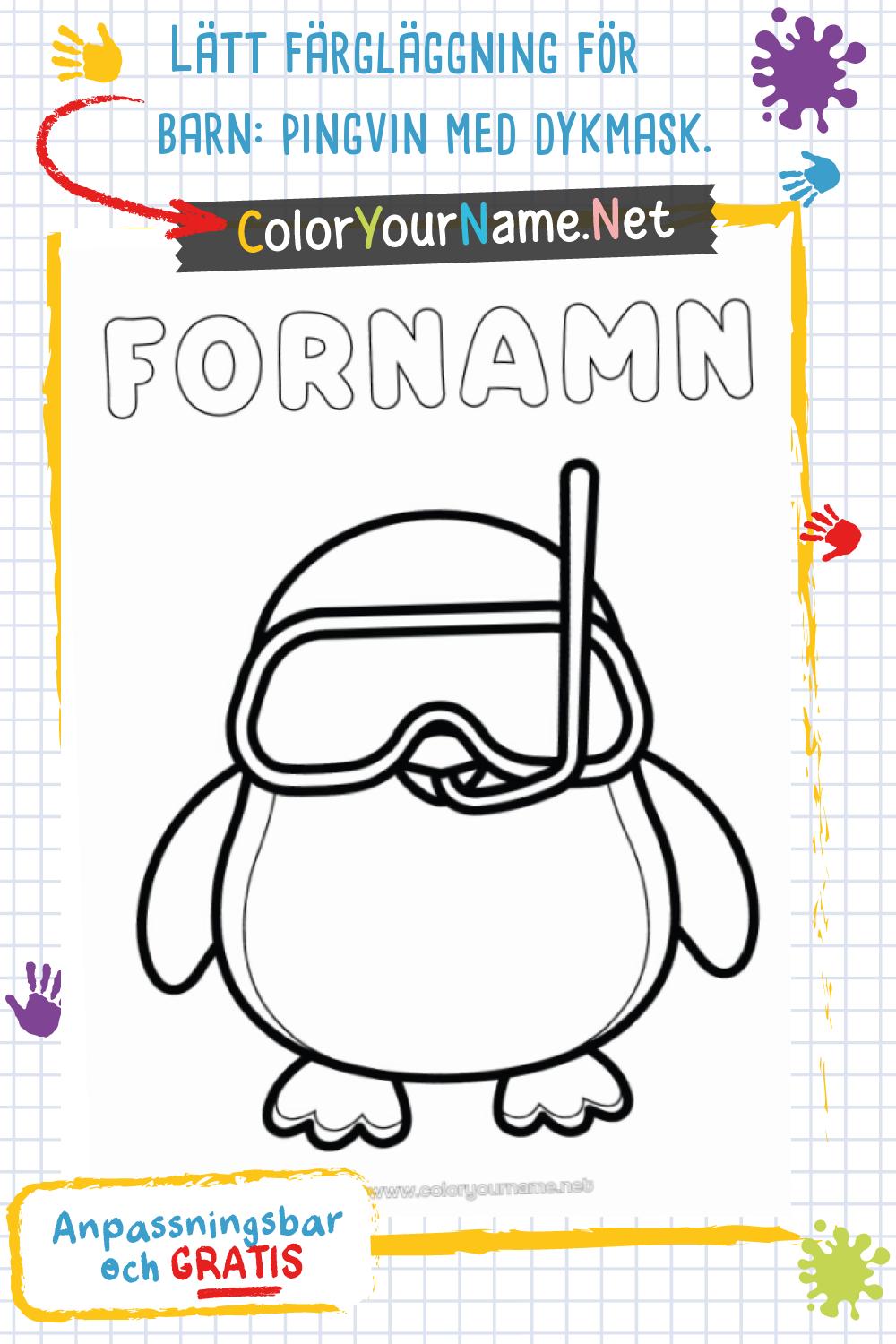 Lätt färgläggning för barn: pingvin med dykmask.
