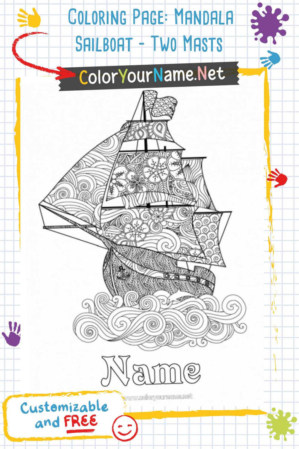 Coloring Page: Mandala Sailboat - Two Masts