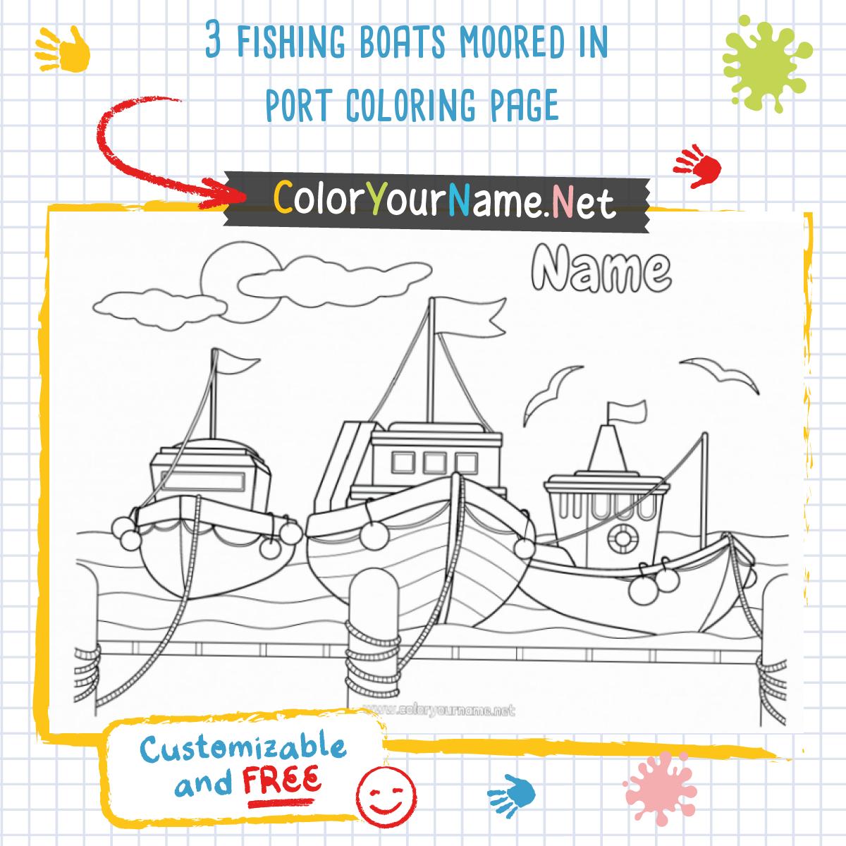 3 fishing boats moored in port coloring page