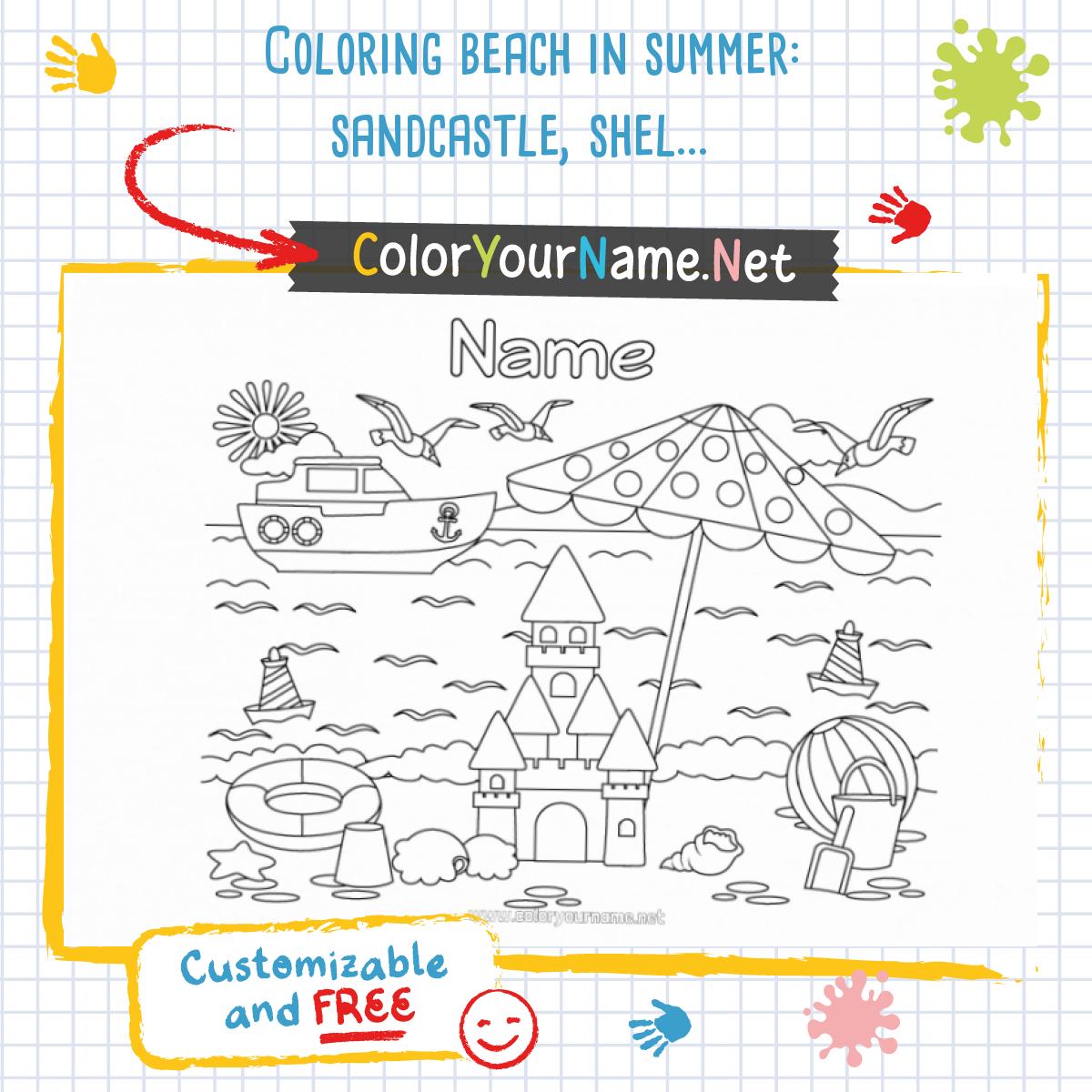 Coloring beach in summer: sandcastle, shells, umbrella