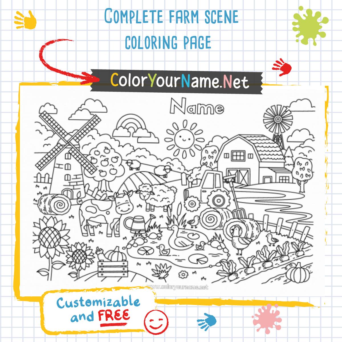 Complete farm scene coloring page