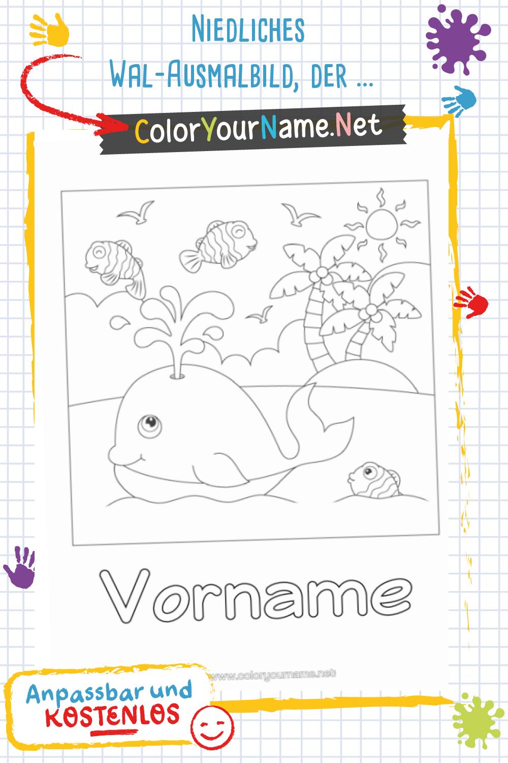 Niedliches Wal-Ausmalbild, der mit Fischen spielt