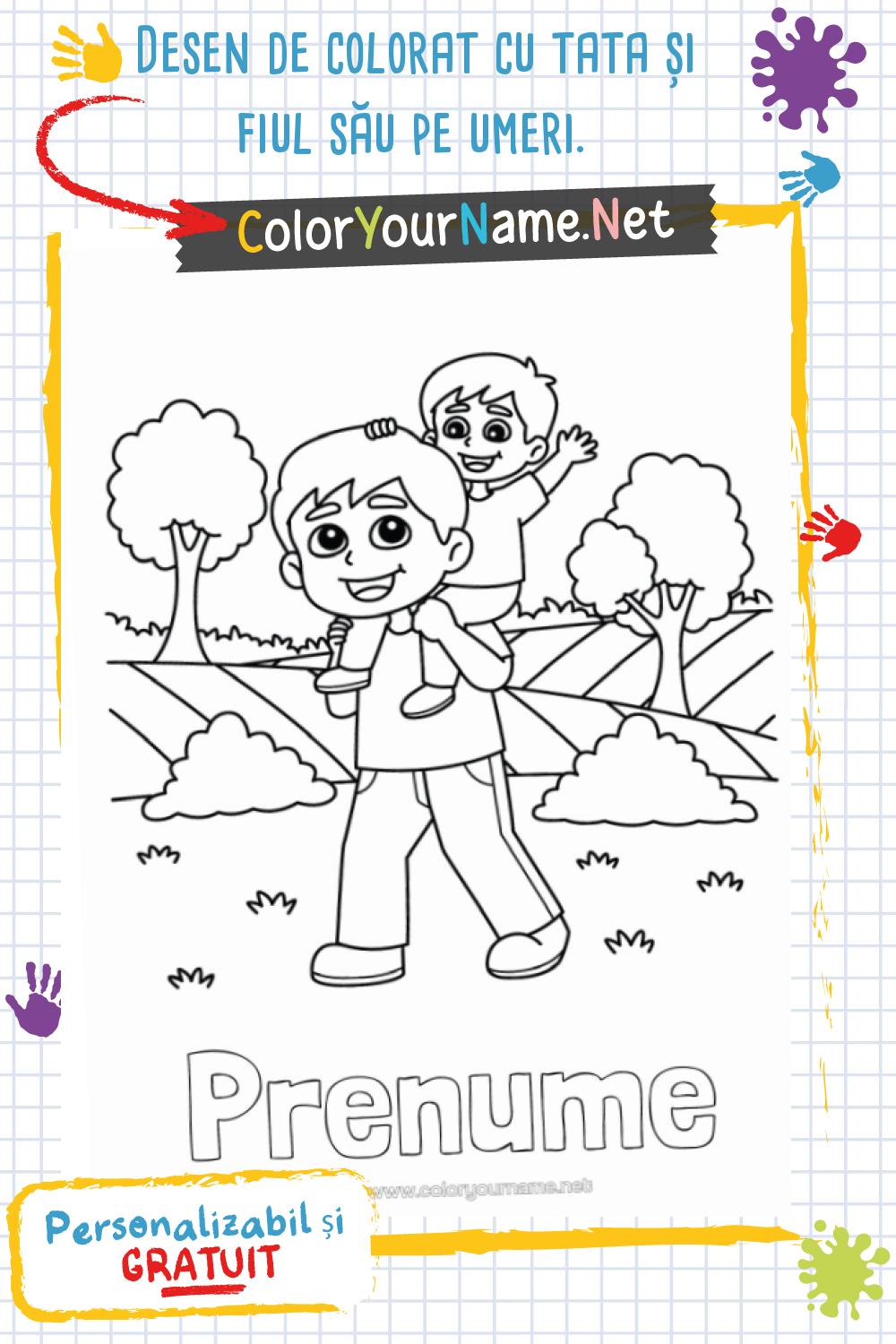 Desen de colorat cu tata și fiul său pe umeri.