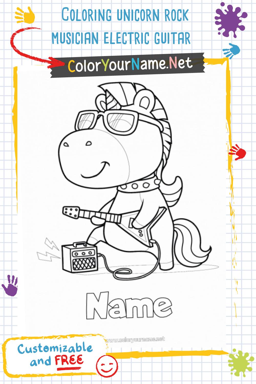 Coloring unicorn rock musician electric guitar