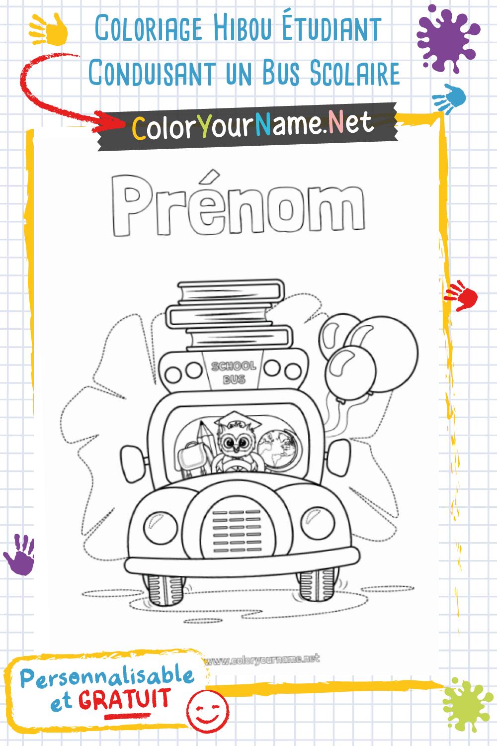 Coloriage Hibou Étudiant Conduisant un Bus Scolaire
