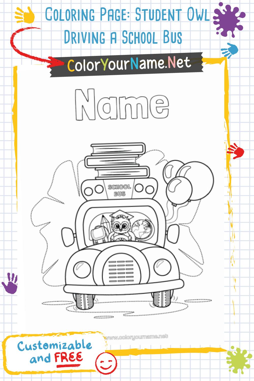 Coloring Page: Student Owl Driving a School Bus