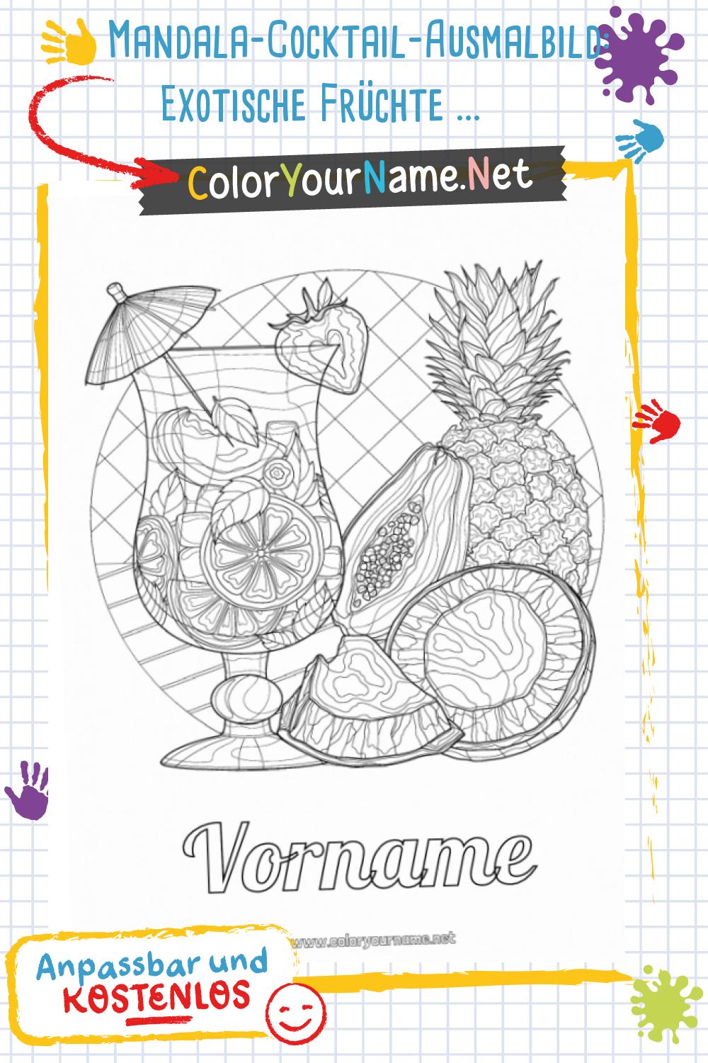 Mandala-Cocktail-Ausmalbild: Exotische Früchte zum Ausmalen