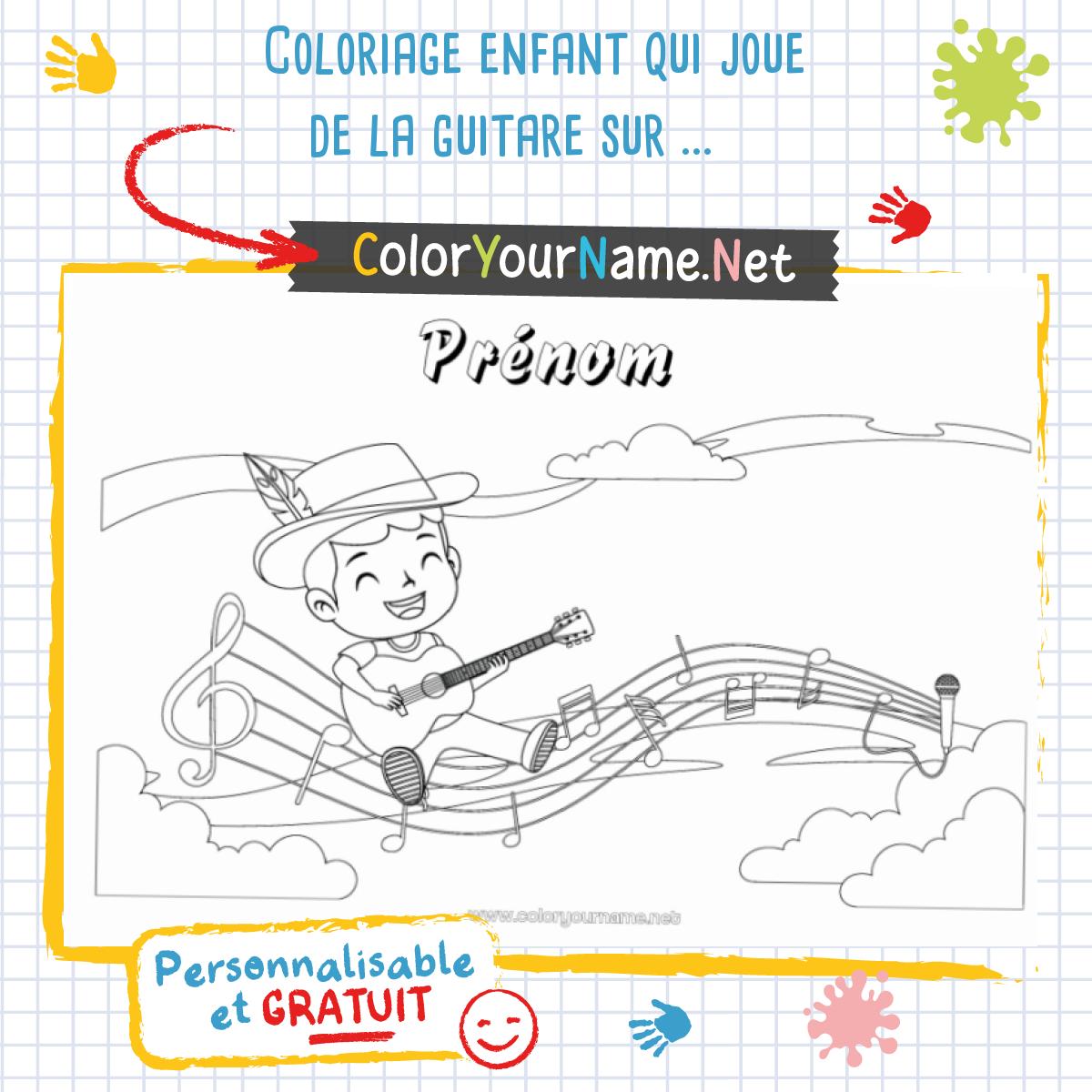 Coloriage enfant qui joue de la guitare sur une partition de notes de ...