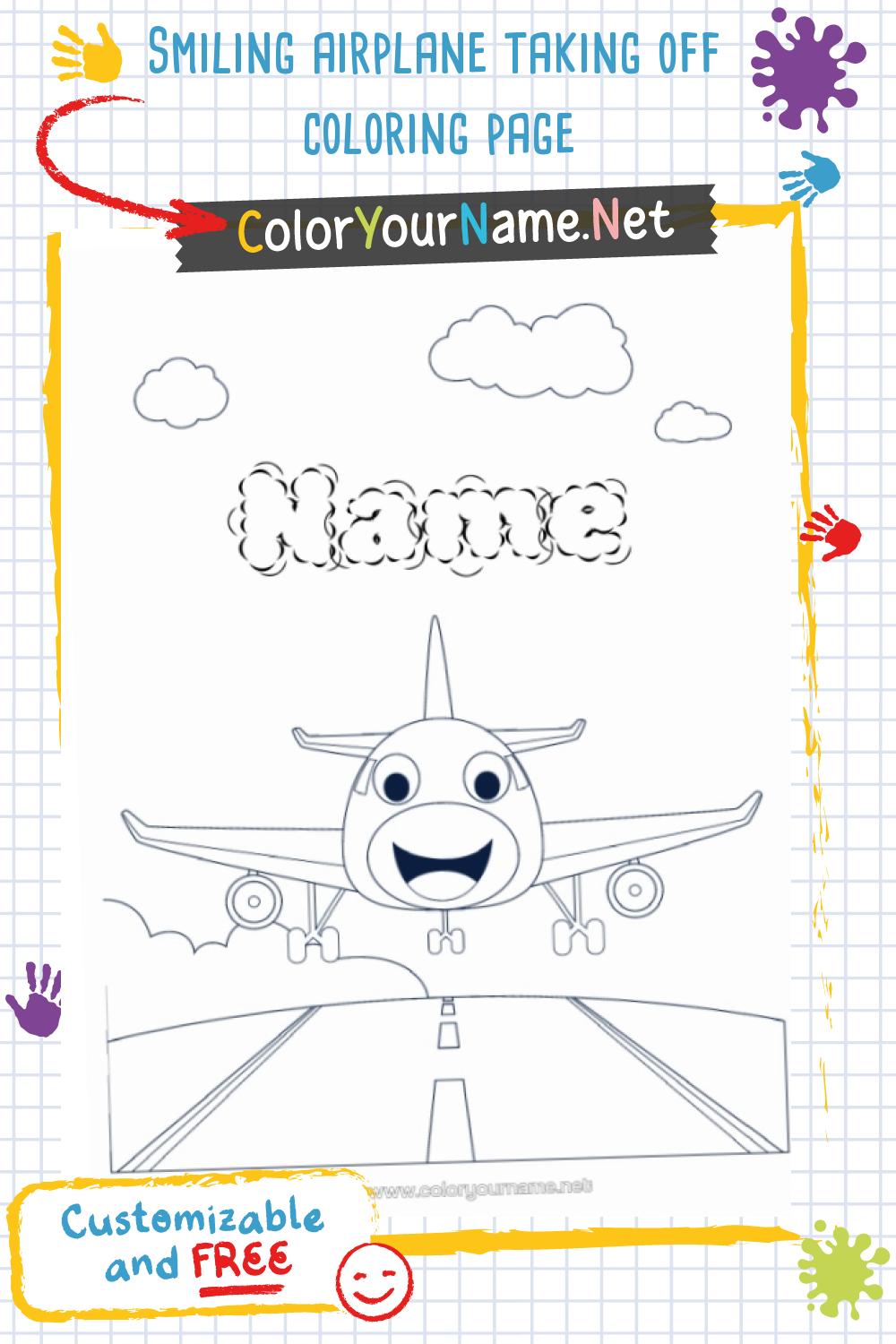 Smiling airplane taking off coloring page
