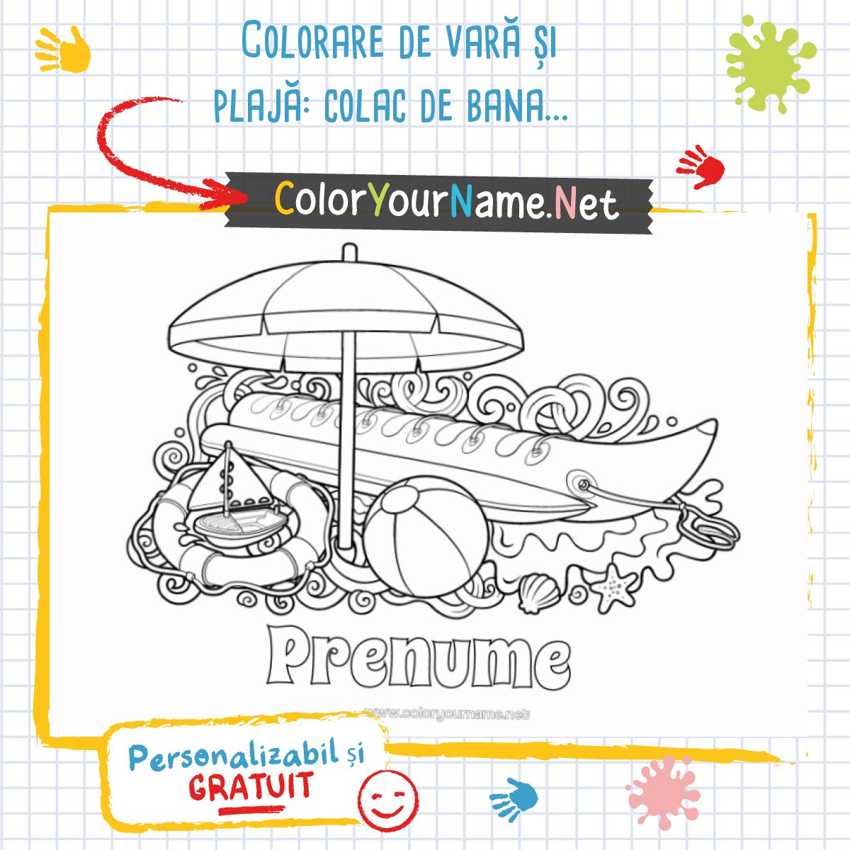 Colorare de vară și plajă: colac de banană gonflabil și umbrelă.