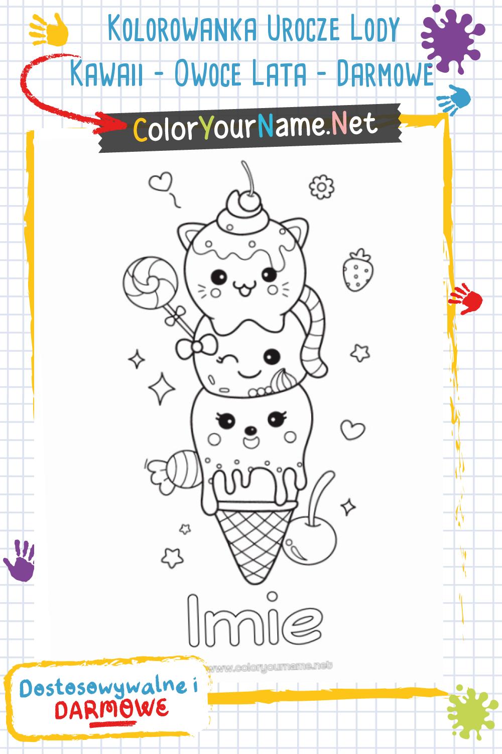 Kolorowanka Urocze Lody Kawaii - Owoce Lata - Darmowe
