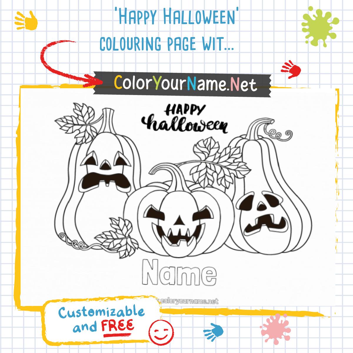 'Happy Halloween' colouring page with 3 pumpkins