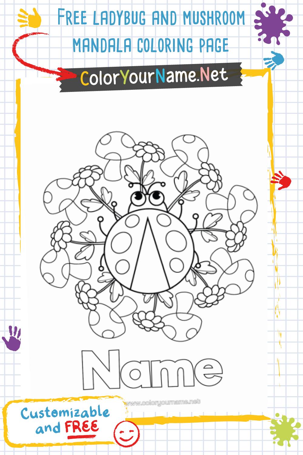 Free ladybug and mushroom mandala coloring page