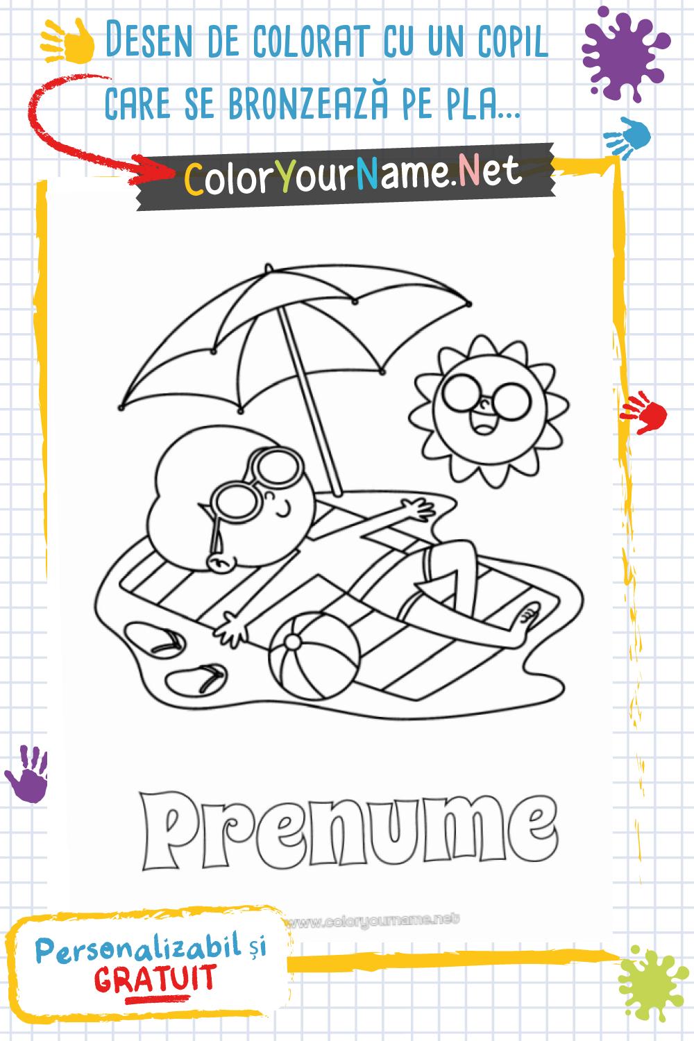 Desen de colorat cu un copil care se bronzează pe plajă sub un umbrelă.