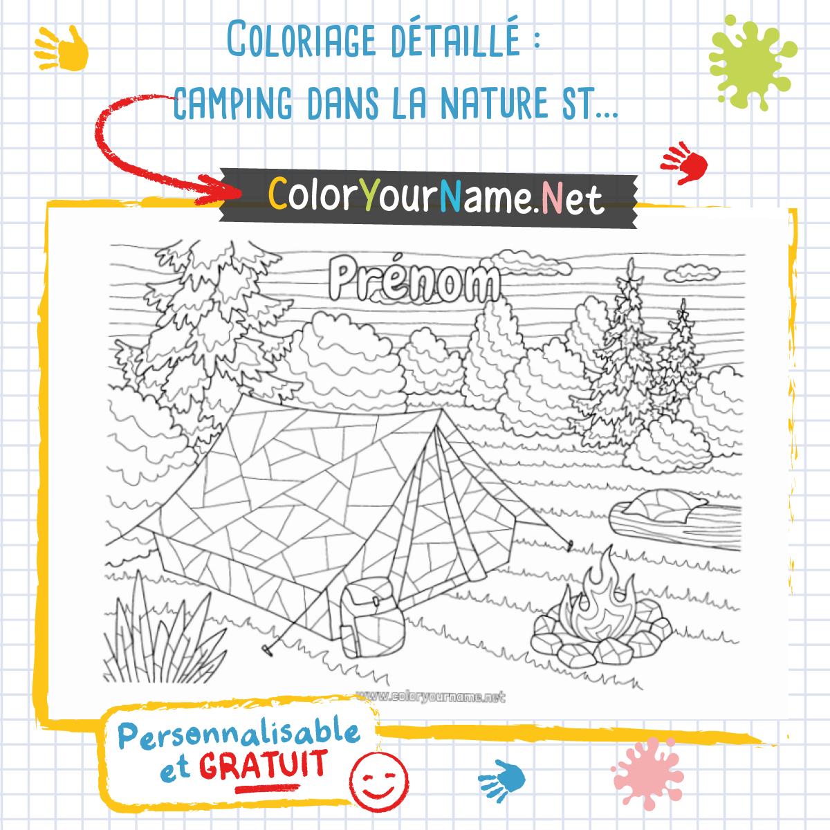 Coloriage détaillé : camping dans la nature style zentangles