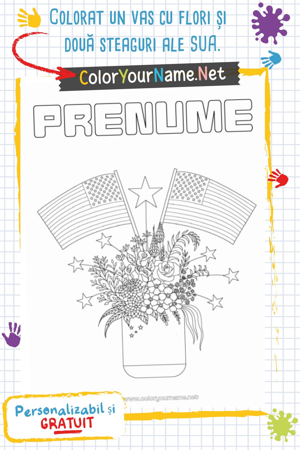 Colorat un vas cu flori și două steaguri ale SUA.