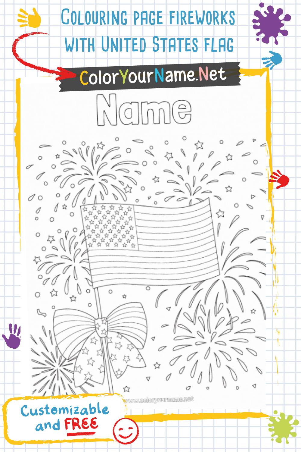 Colouring page fireworks with United States flag