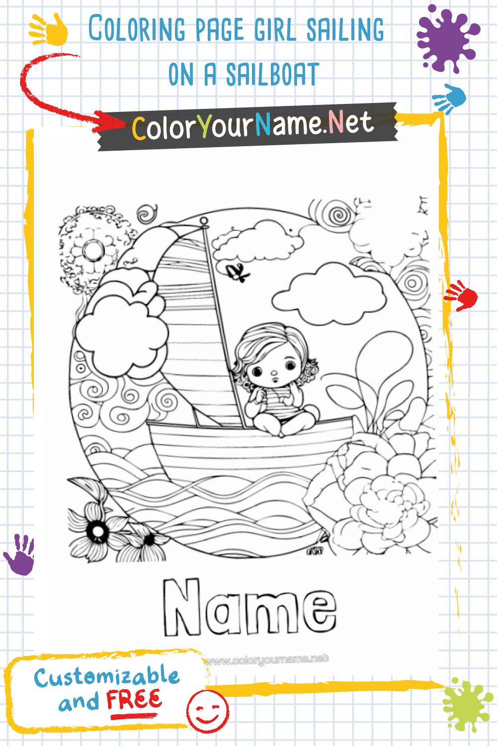 Coloring page girl sailing on a sailboat
