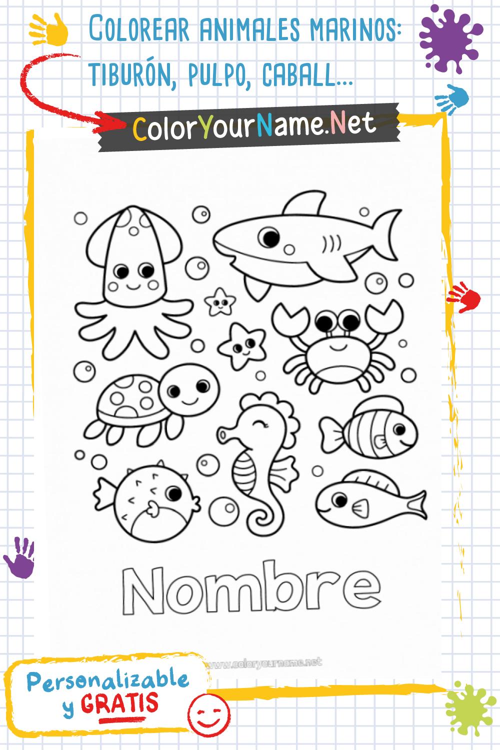 Colorear animales marinos: tiburón, pulpo, caballito de mar