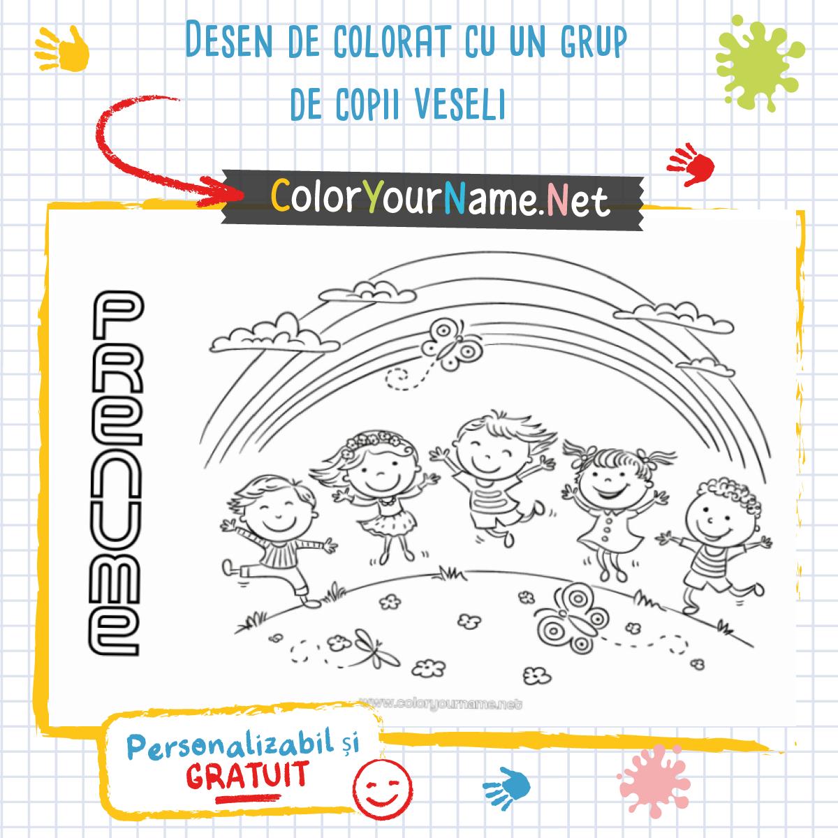 Desen de colorat cu un grup de copii veseli