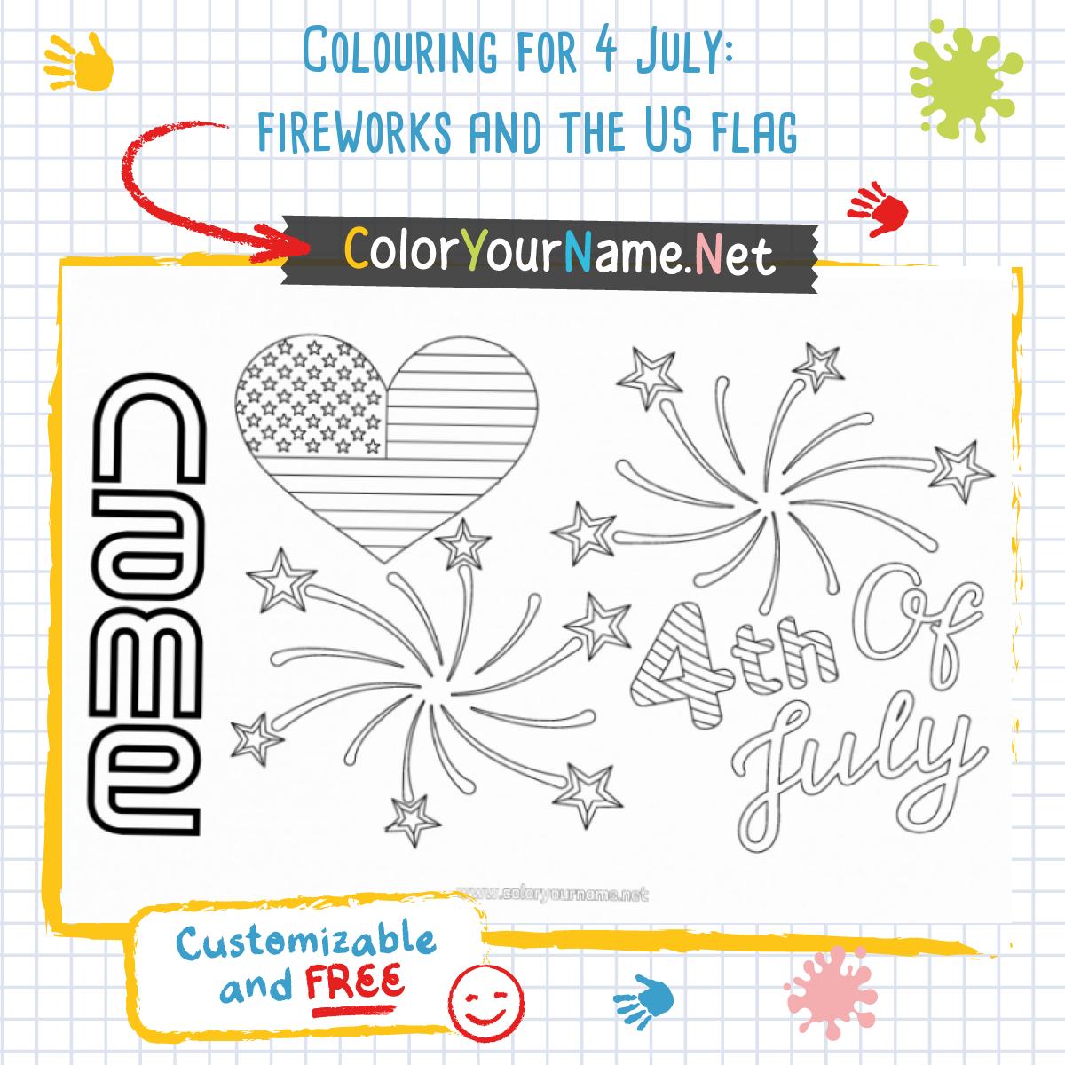 Colouring for 4 July: fireworks and the US flag