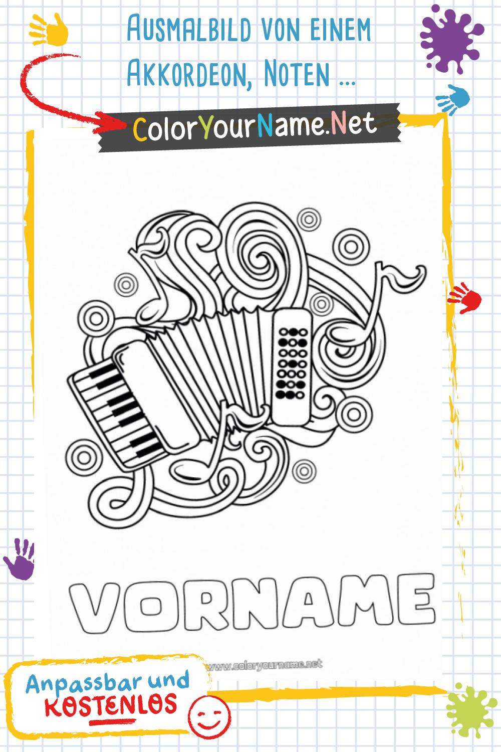 Ausmalbild von einem Akkordeon, Noten und abstrakten Mustern