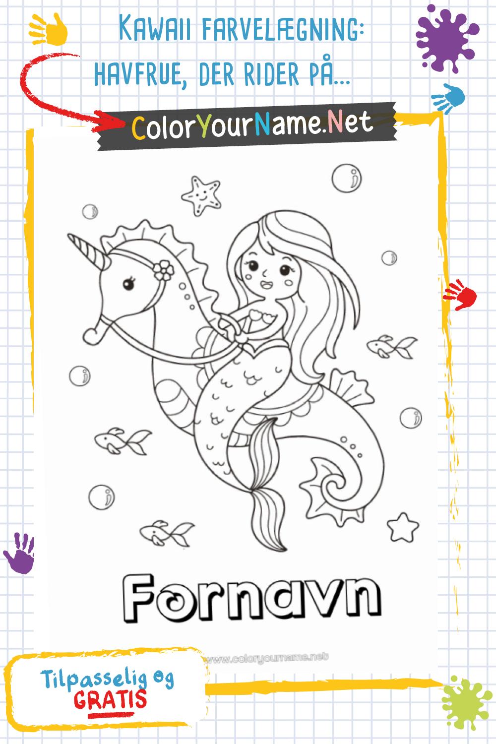 Kawaii farvelægning: havfrue, der rider på en søhest.