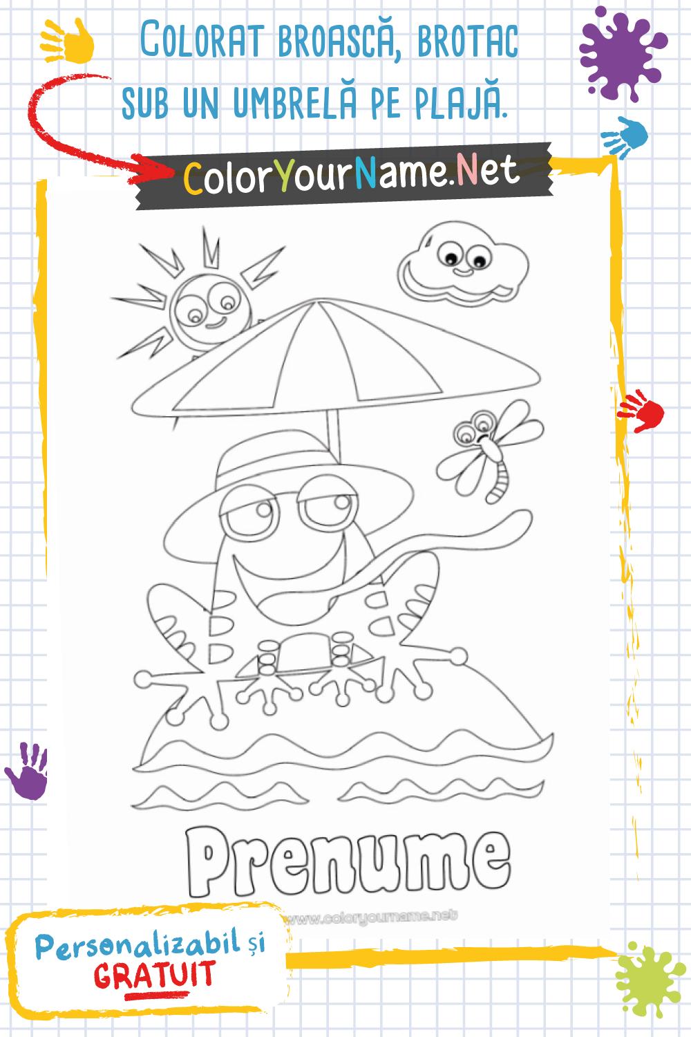 Colorat broască, brotac sub un umbrelă pe plajă.