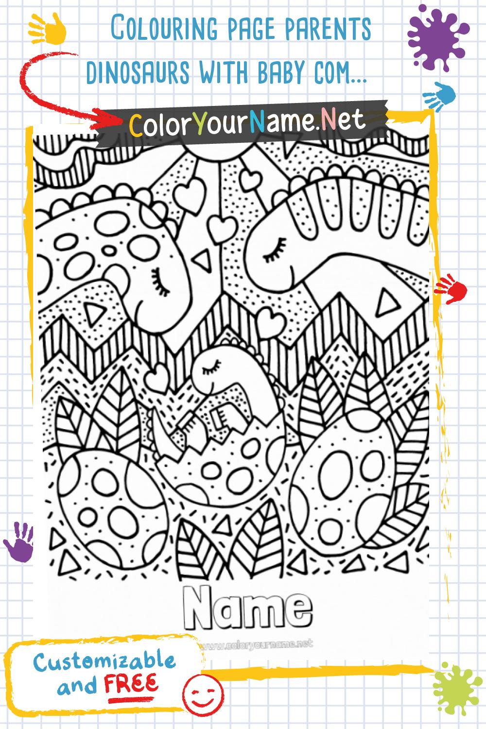 Colouring page parents dinosaurs with baby coming out of its egg