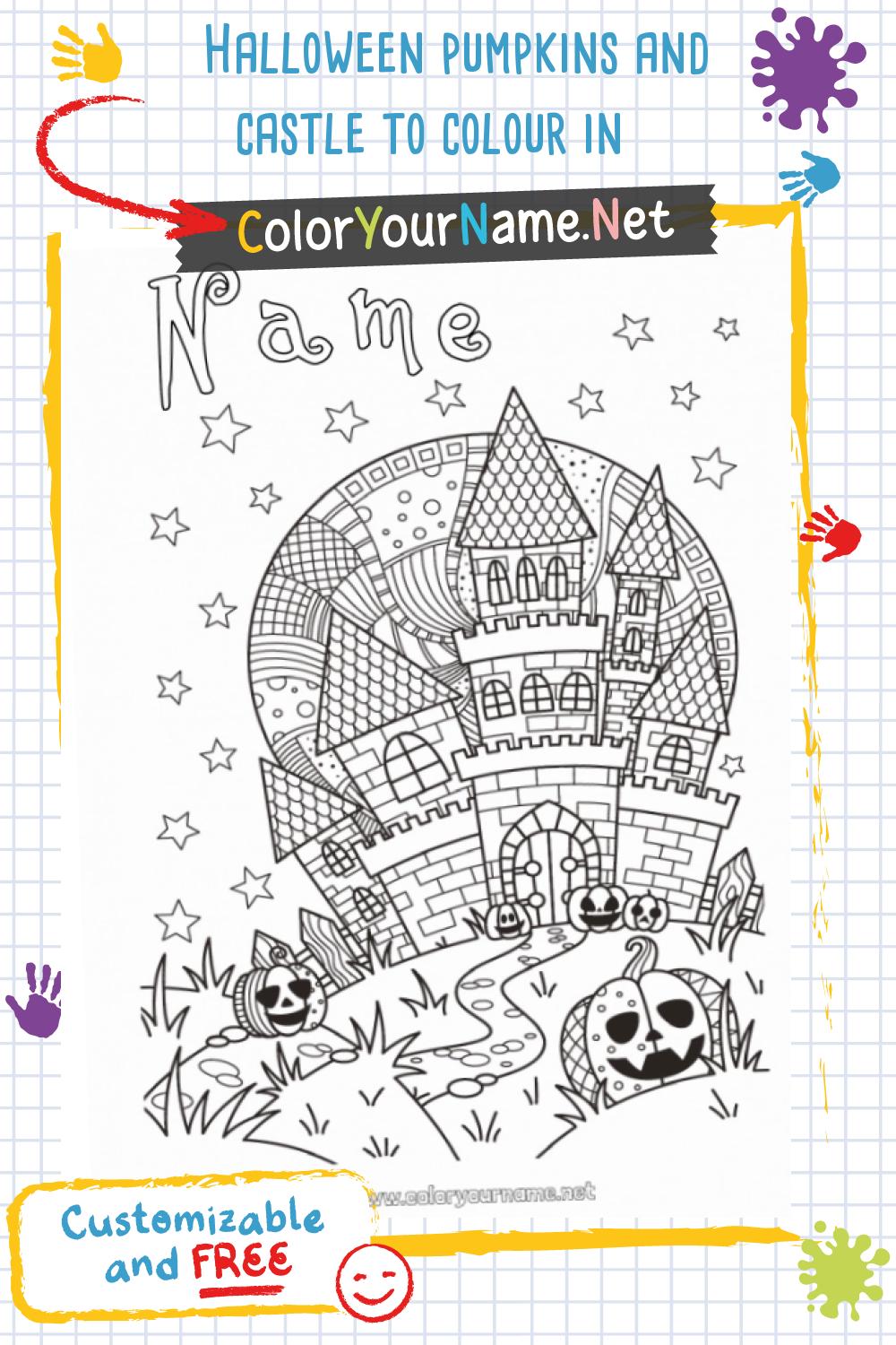 Halloween pumpkins and castle to colour in