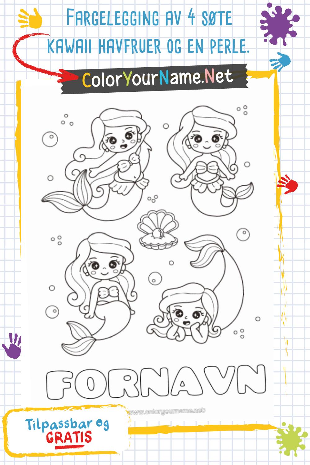 Fargelegging av 4 søte kawaii havfruer og en perle.