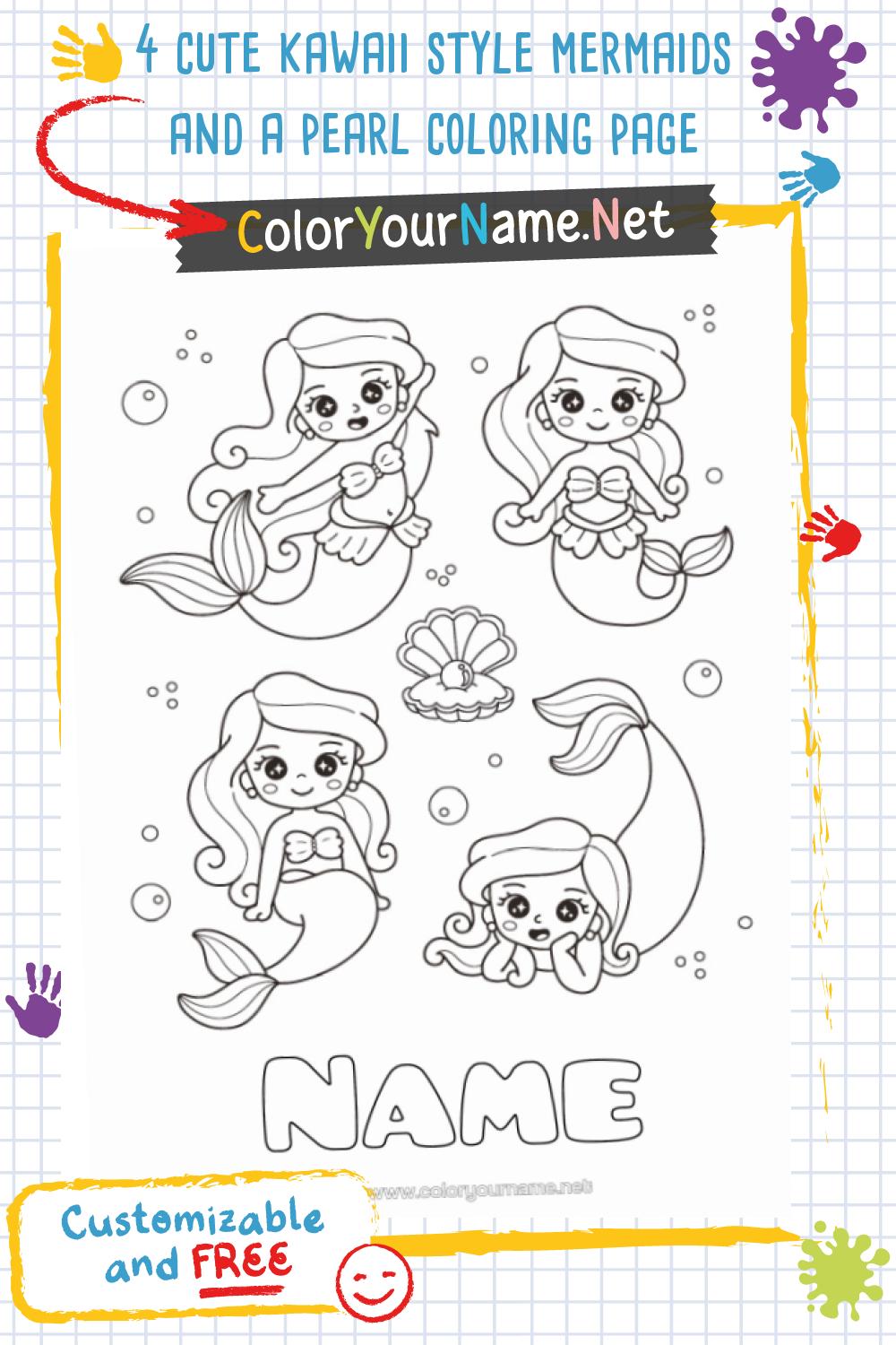 4 cute kawaii style mermaids and a pearl coloring page
