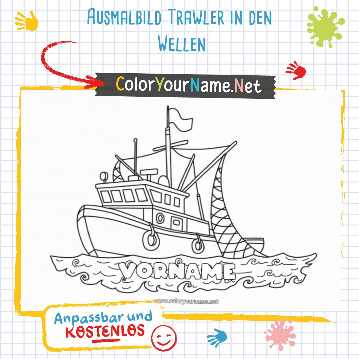 Ausmalbild Trawler in den Wellen