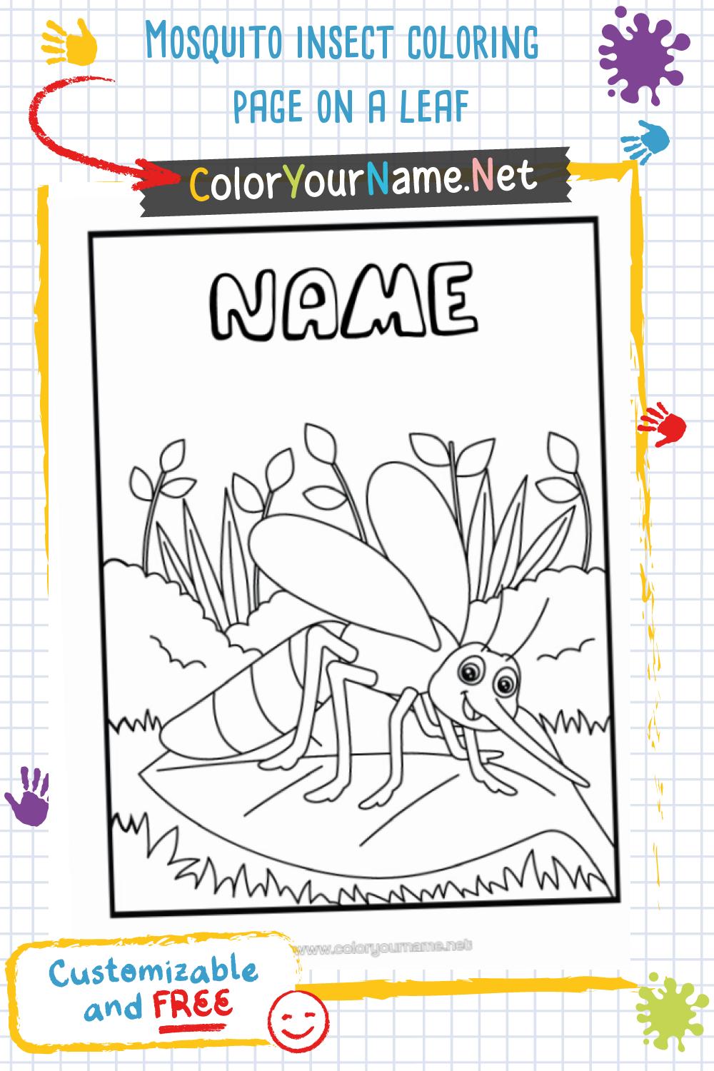 Mosquito insect coloring page on a leaf