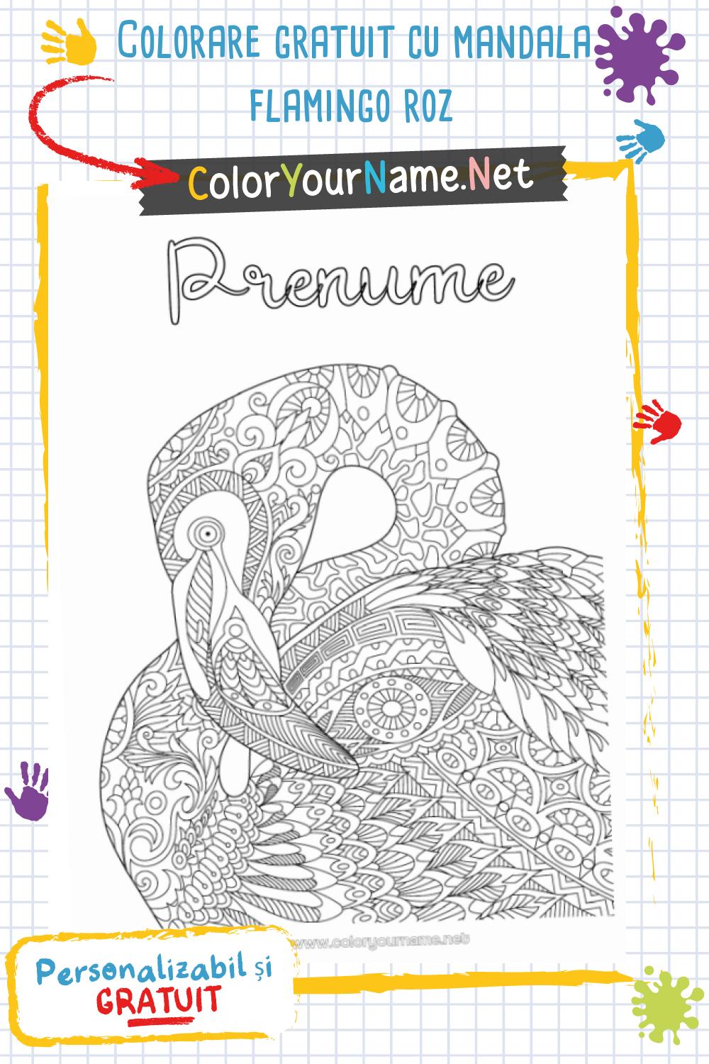 Colorare gratuit cu mandala flamingo roz