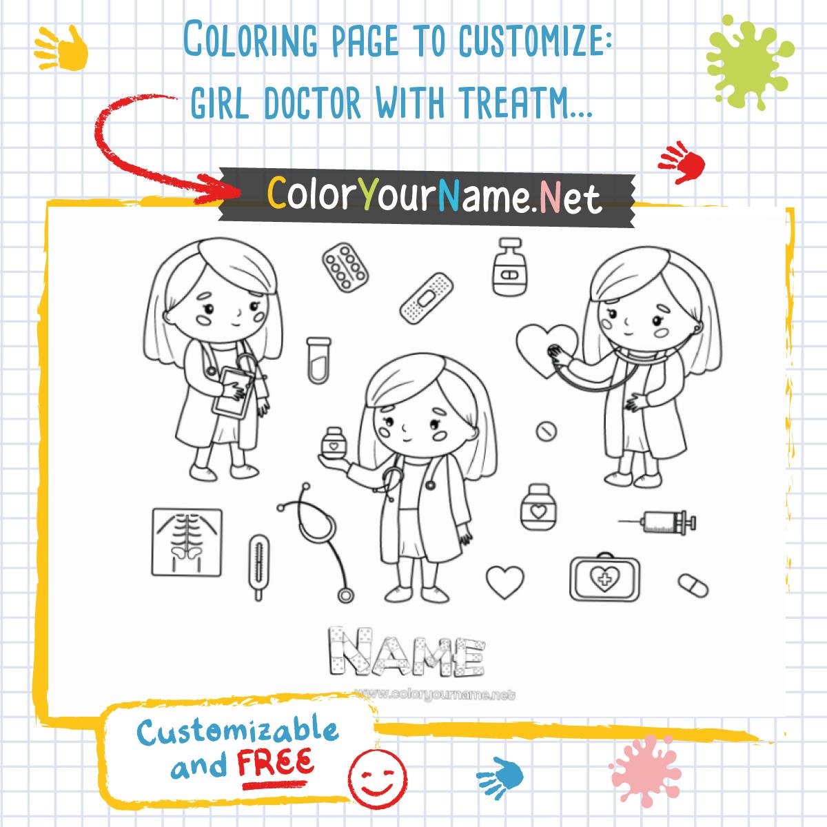 Coloring page to customize: girl doctor with treatment and examination ...
