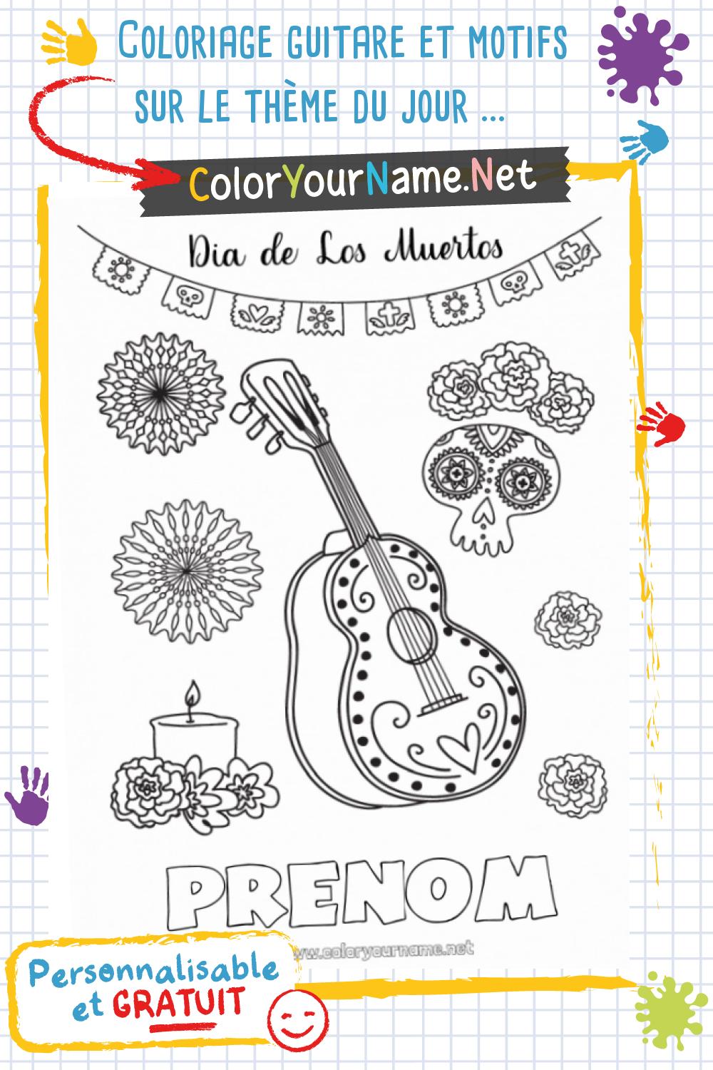 Coloriage guitare et motifs sur le thème du jour des morts