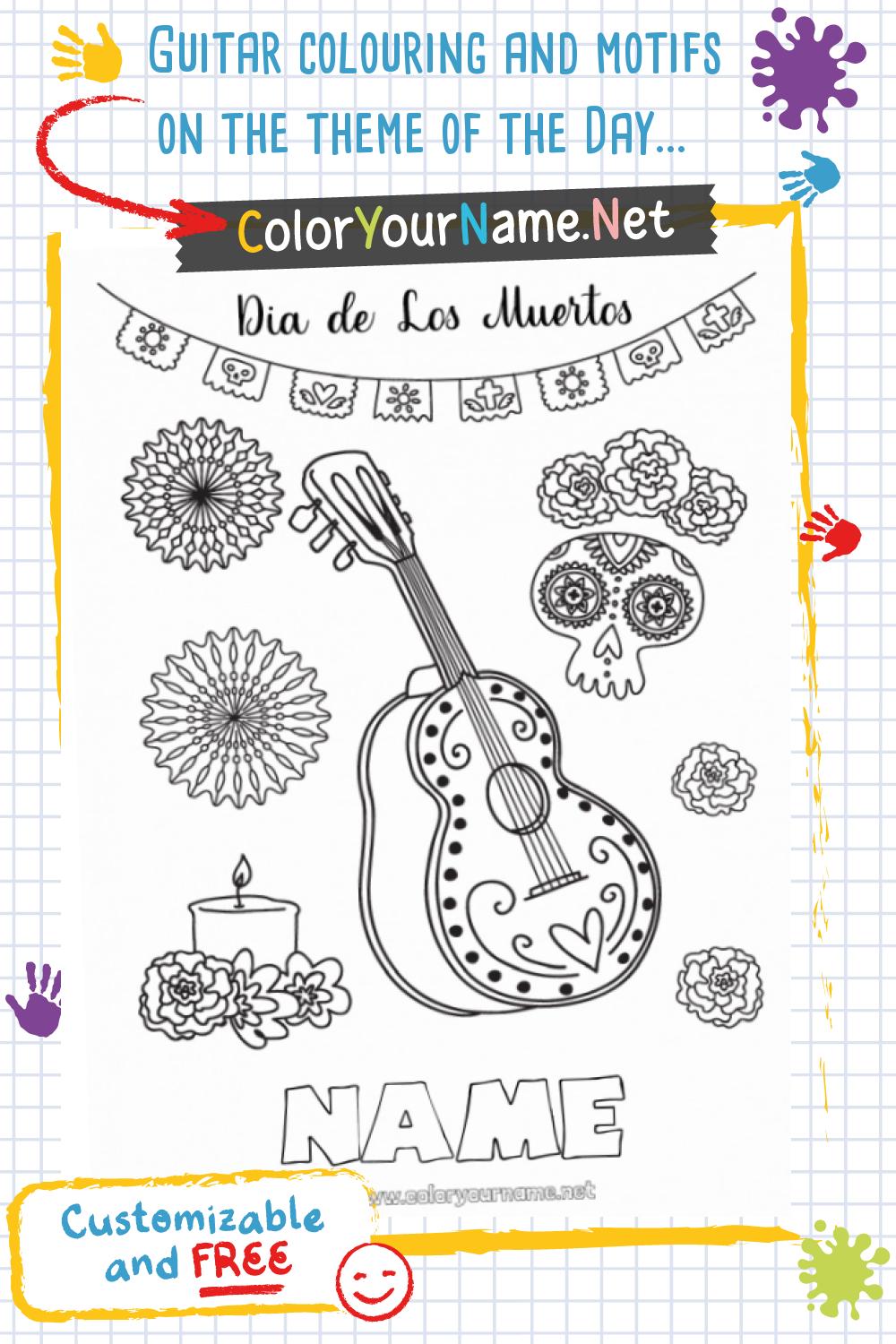 Guitar colouring and motifs on the theme of the Day of the Dead