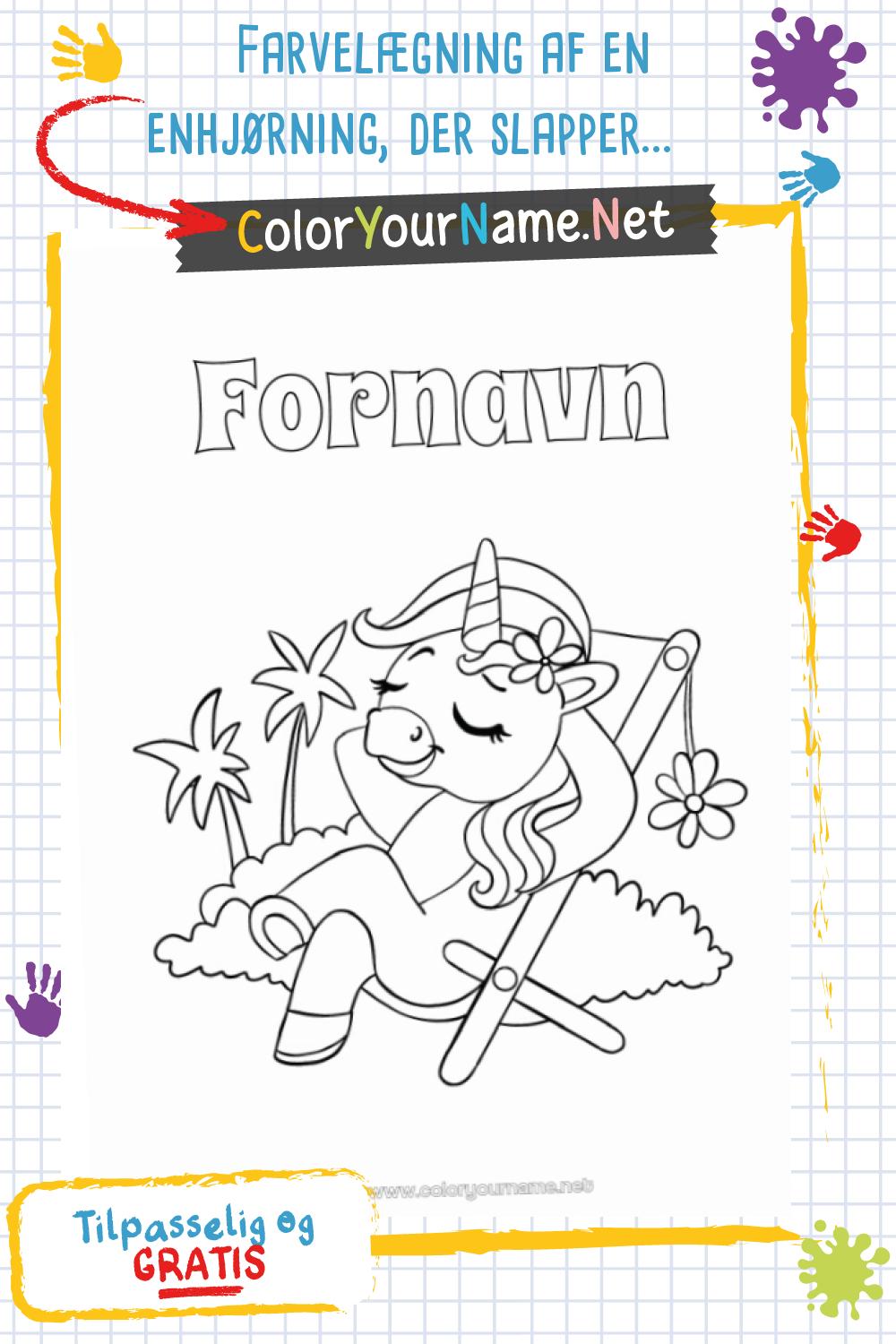 Farvelægning af en enhjørning, der slapper af på en liggestol.