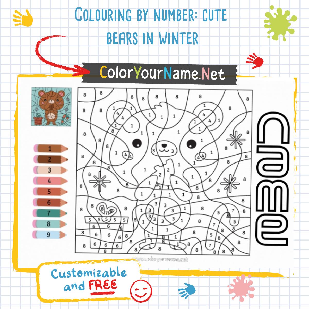 Colouring by number: cute bears in winter