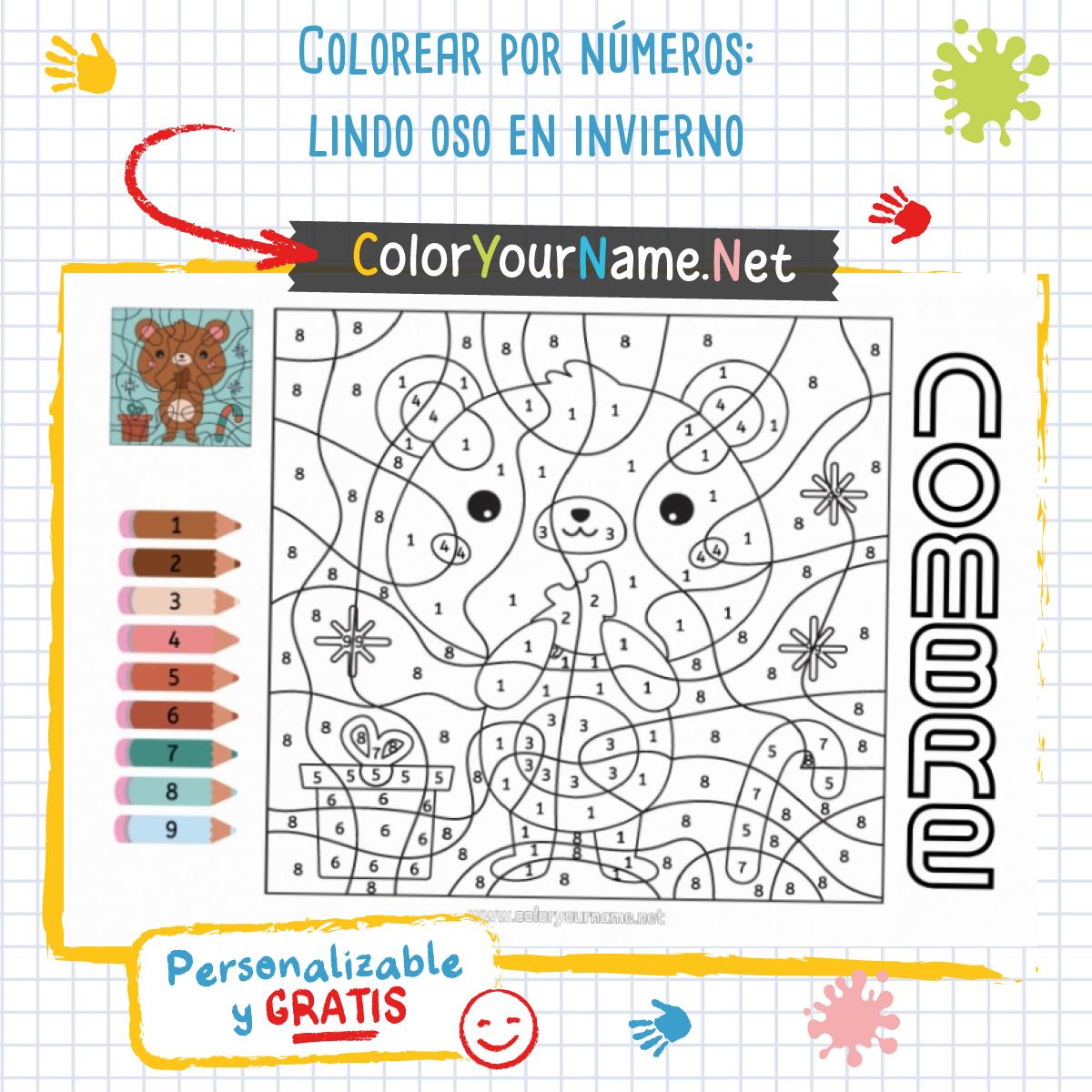 Colorear por números: lindo oso en invierno