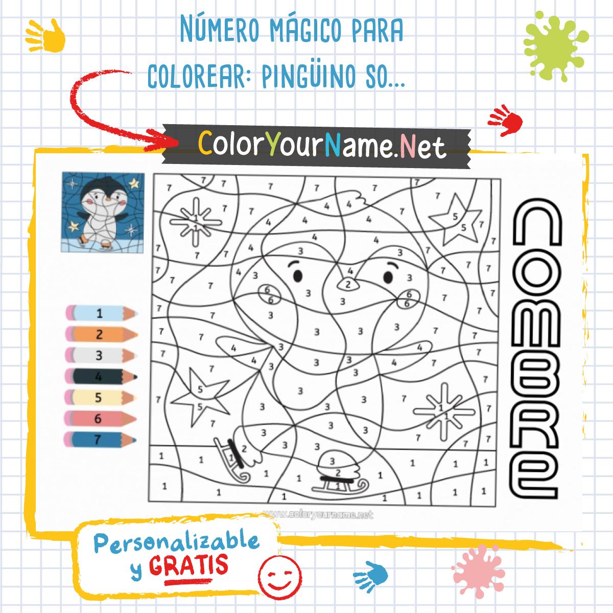 Número mágico para colorear: pingüino sobre patines de hielo