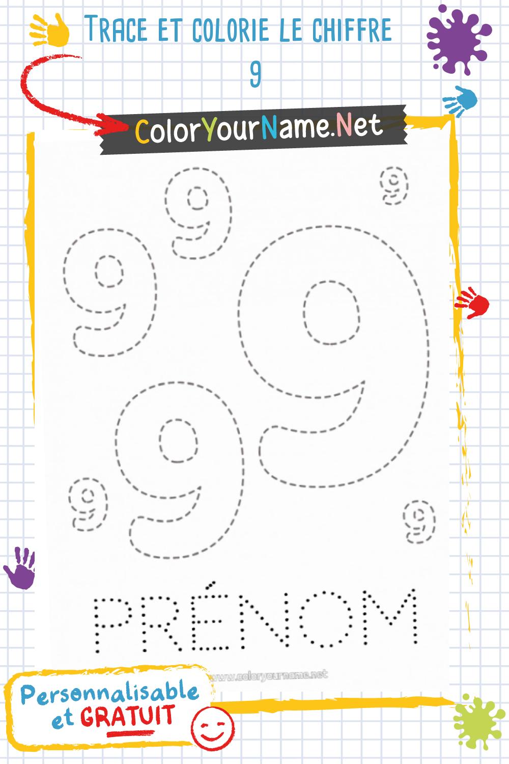 Trace et colorie le chiffre 9