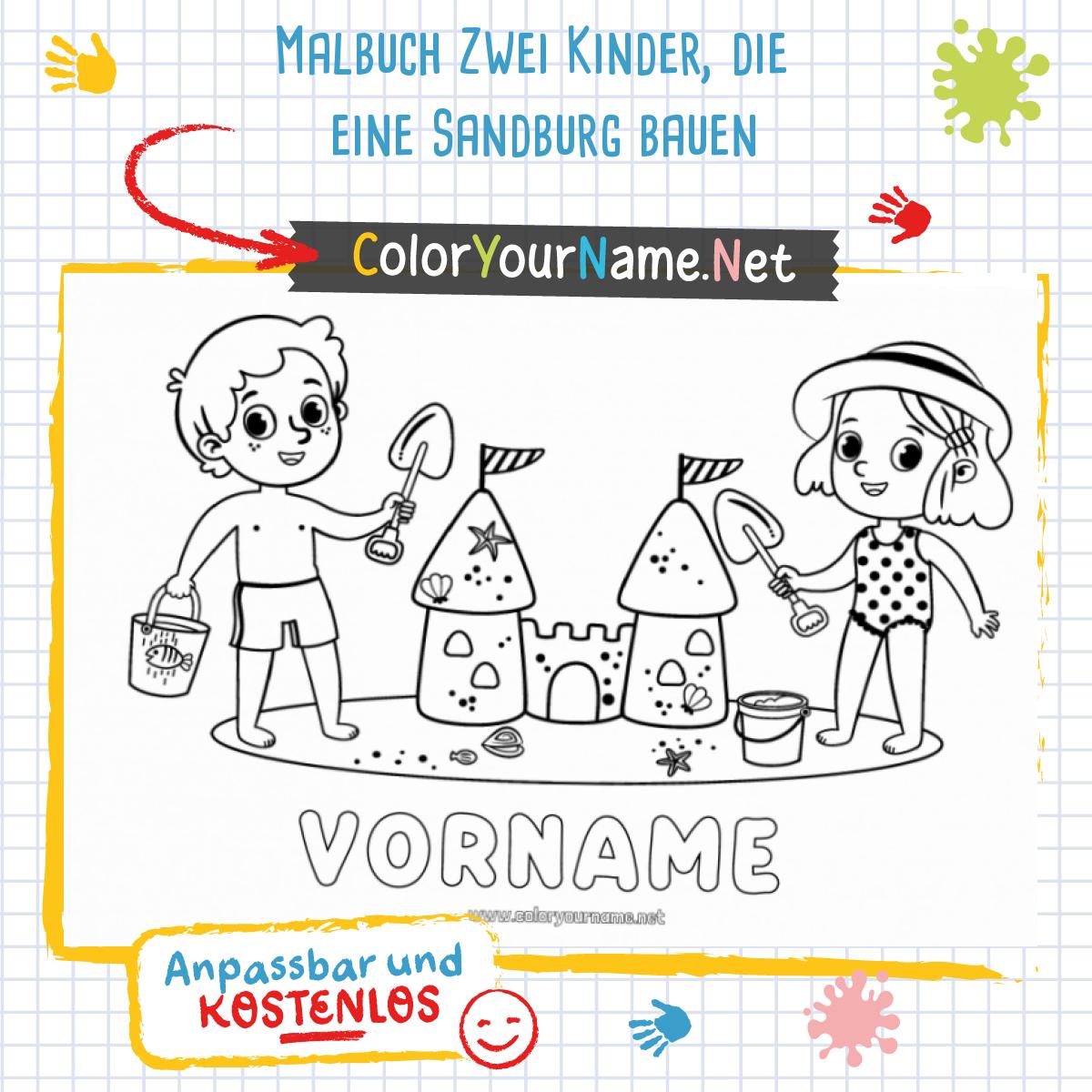 Malbuch Zwei Kinder, die eine Sandburg bauen