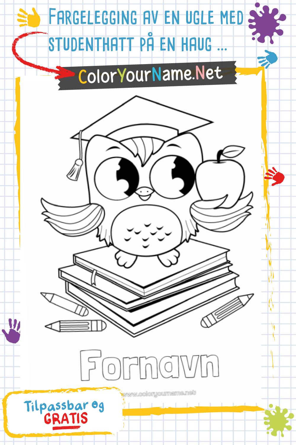 Fargelegging av en ugle med studenthatt på en haug med bøker.