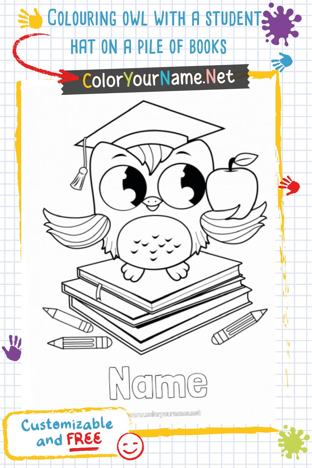 Colouring owl with a student hat on a pile of books